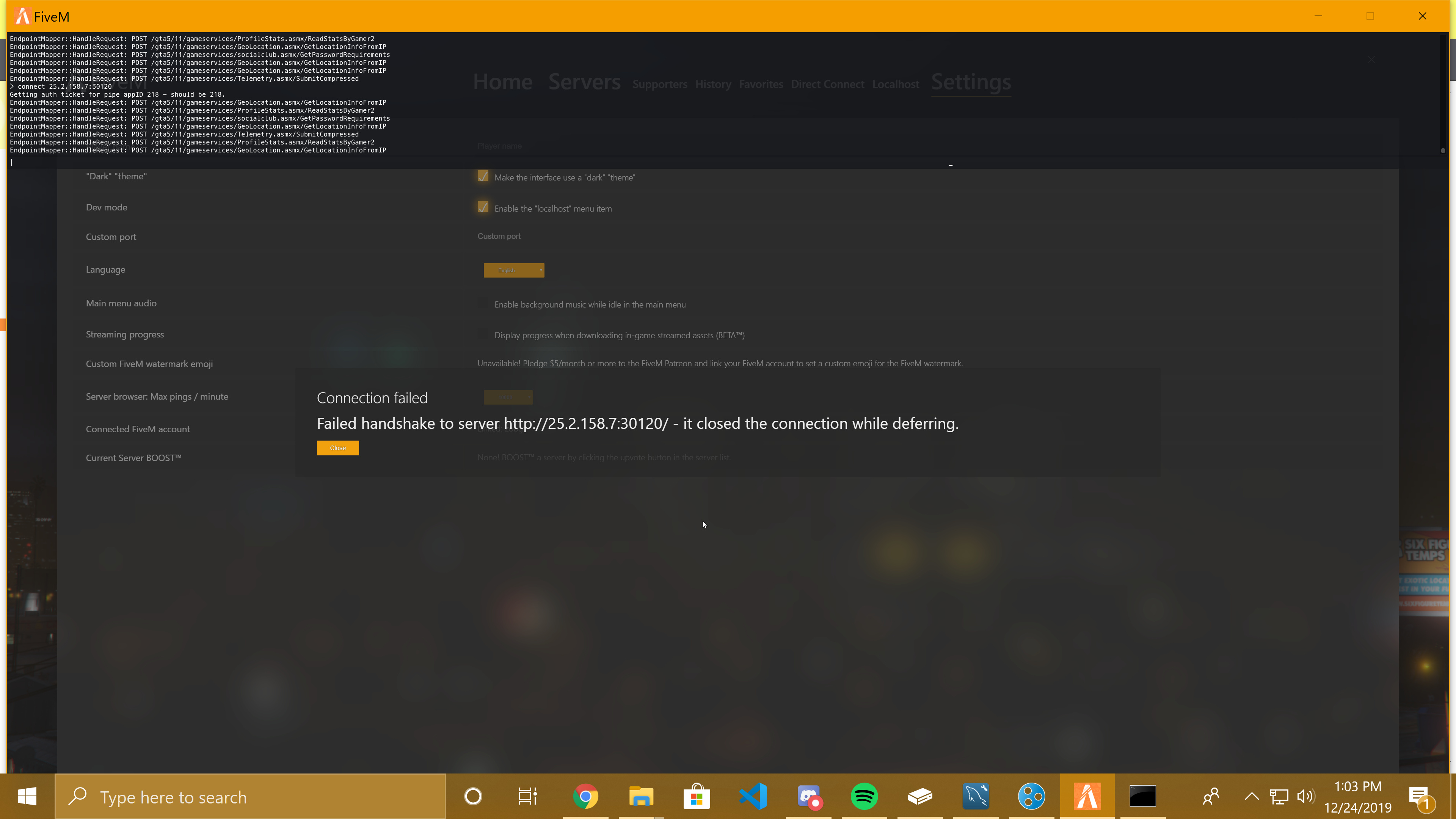 Failed To Handshake Server Closed Connection While Deferring FiveM Client Support Cfx Re
