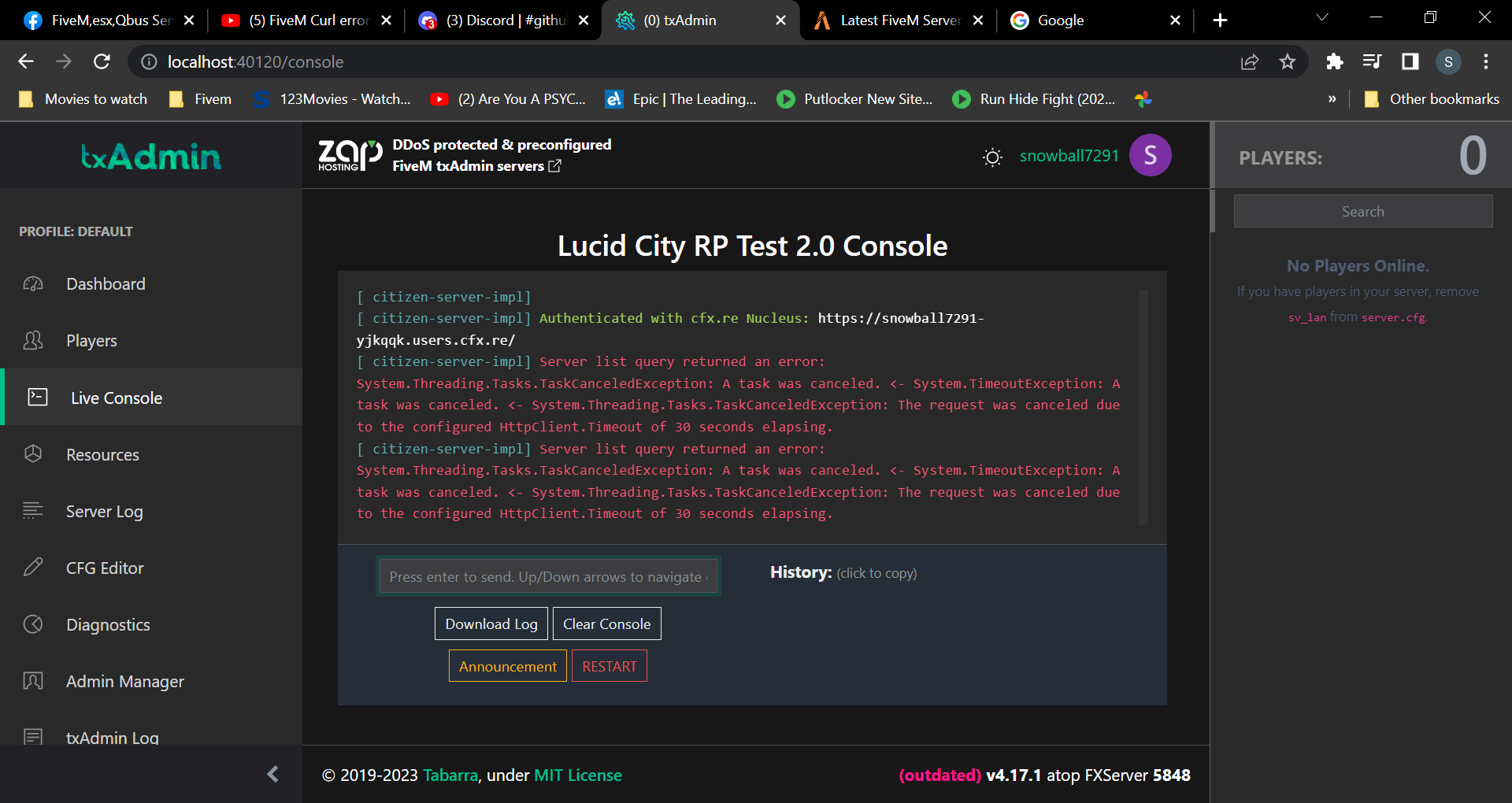 Need Help With Error Code Error Curl Error 28 Server Discussion Cfx