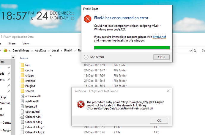 Could not load component citizen-scripting-v8.dll - Windows error code 127 - FiveM Client ...