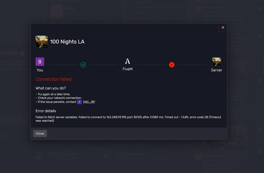 I'm having trouble joining my server. It says Failed to fetch server variables and is giving me ...