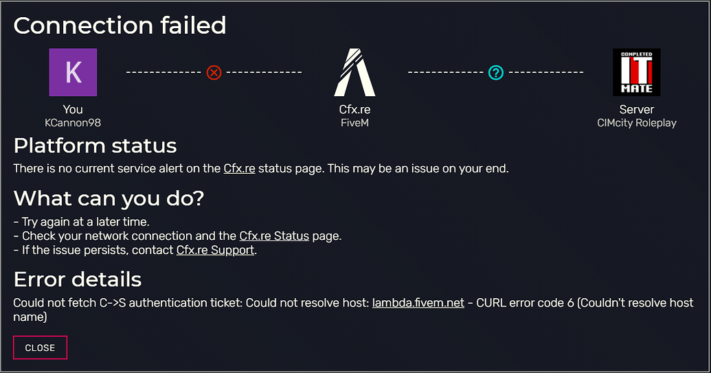 Could not fetch C->S authentication ticket: Could not resolve host: lambda.fivem.net - CURL ...