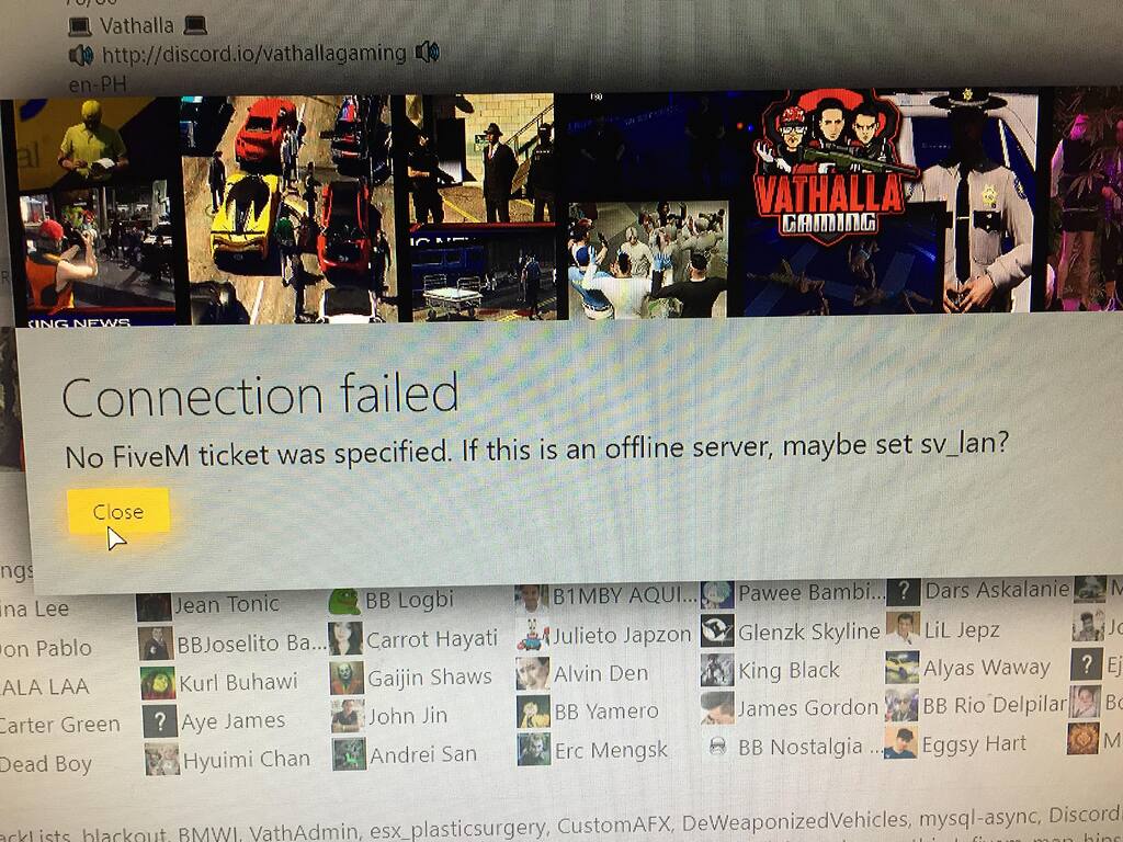 Connection Failed. No FiveM ticket was specified.If this is an offline server, maybe set sv_lan ...