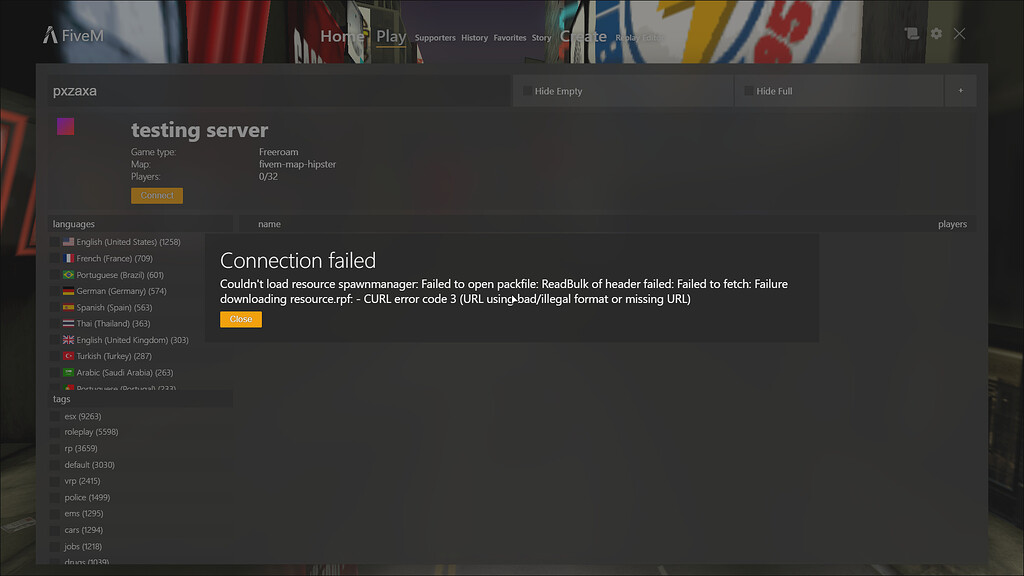 Couldn't load resource spawnmanager: Failed to open packfile: ReadBulk of header failed: Failed ...