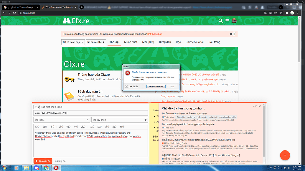 Error FIVEM Window code 998 - FiveM Client Support - Cfx.re Community