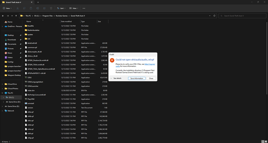 “Could not open x64/audio/audio_ref.rpf” - FiveM Client Support - Cfx ...