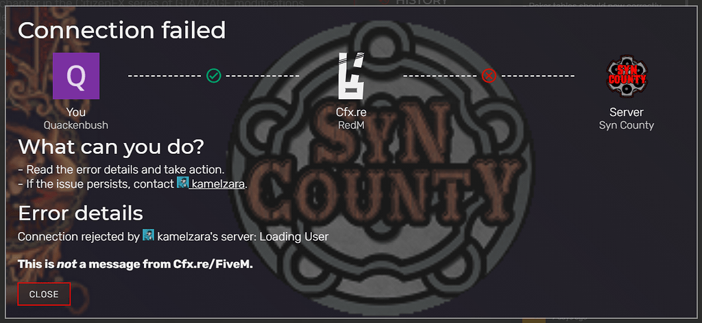 Unable to connect to any server due to "connection rejected: loading user" error - RedM Client ...