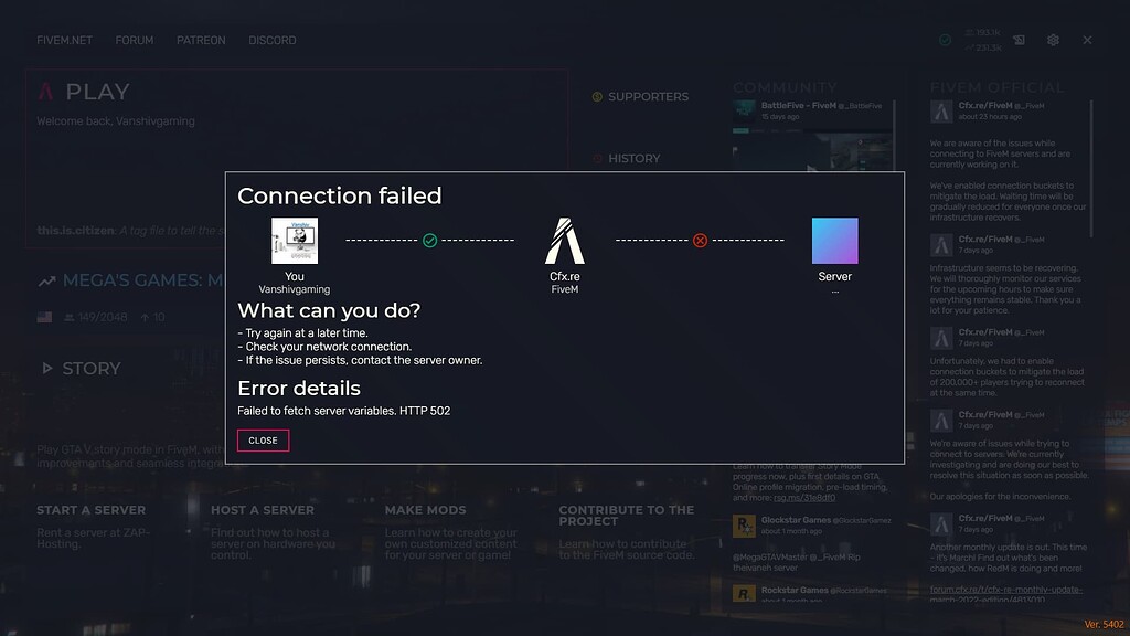 ERROR 502 WHILE CONNECTING SERVER - FiveM Client Support - Cfx.re Community