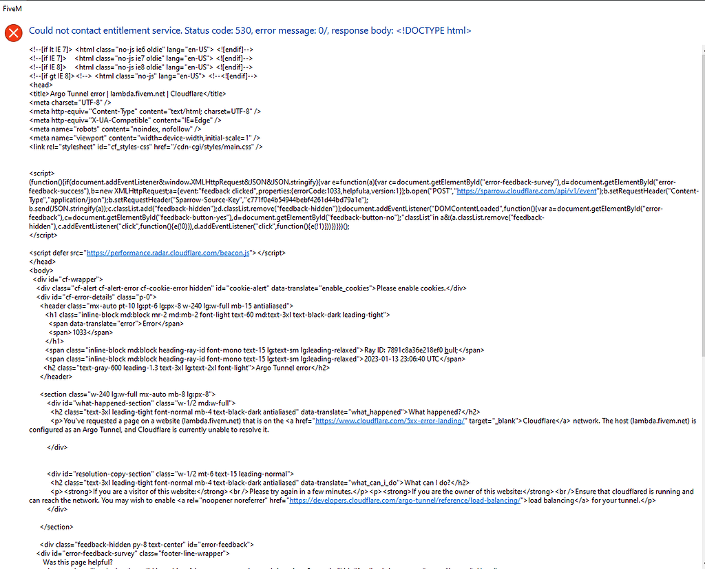 Status code: 530 , error message: 0/, response body: - FiveM Client Support - Cfx.re Community