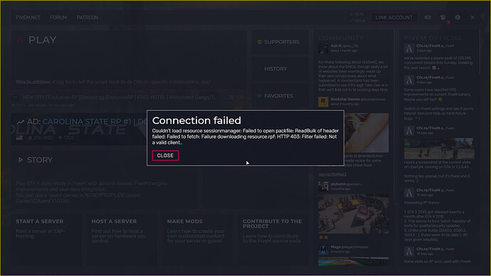 Couldn’t load resource spawnmanager: Failed to open packfile: ReadBulk of header failed: Failed ...