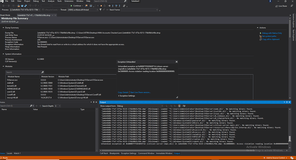 [Server Crash][Dump File] Access violation - code c0000005 (first/second chance not available ...