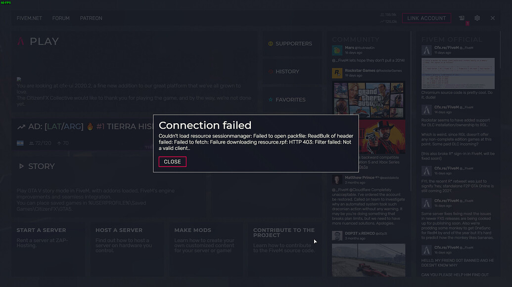 Connection failed - sessionmanager error - FiveM Client Support - Cfx ...