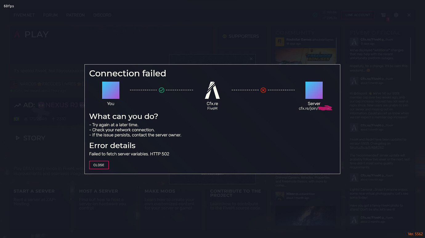 Failed to fetch server variables. HTTP 502 - FiveM Client Support - Cfx.re Community