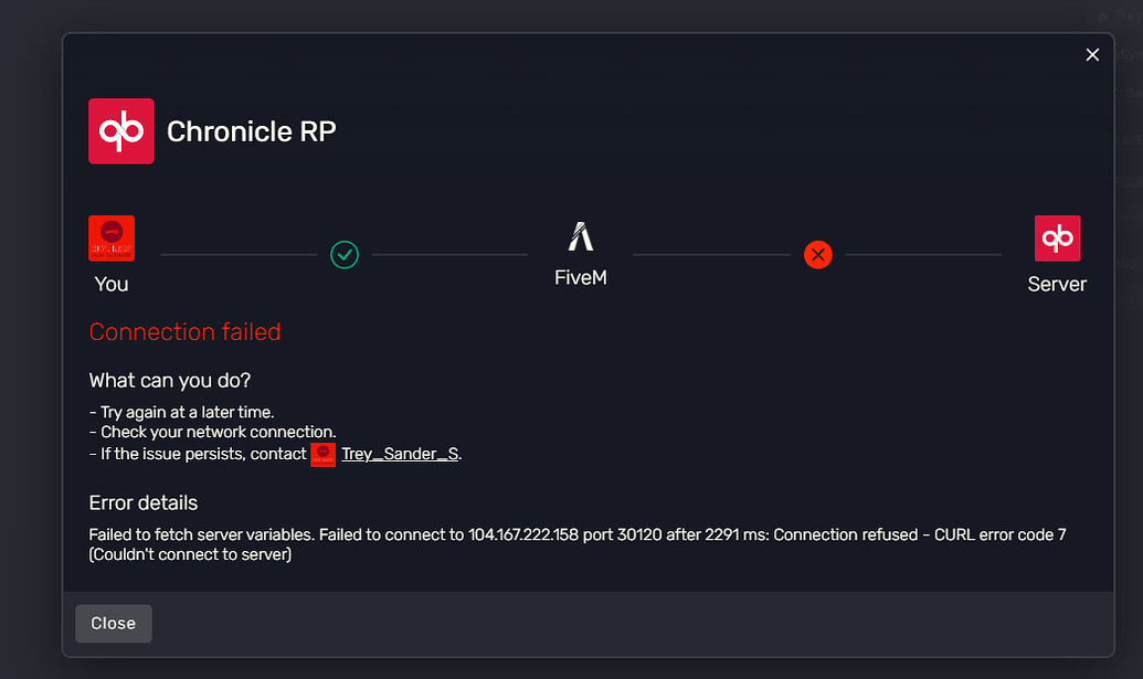 "Failed to fetch server variables. Failed to connect to 104.167.222.158 port 30120 after 2291 ms ...
