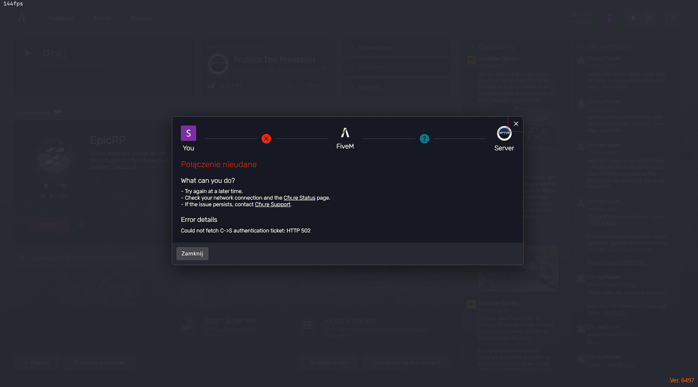 Initial heartbeat failed. Restart your game, or try again later. Detailed info: HTTP 502 - FiveM ...