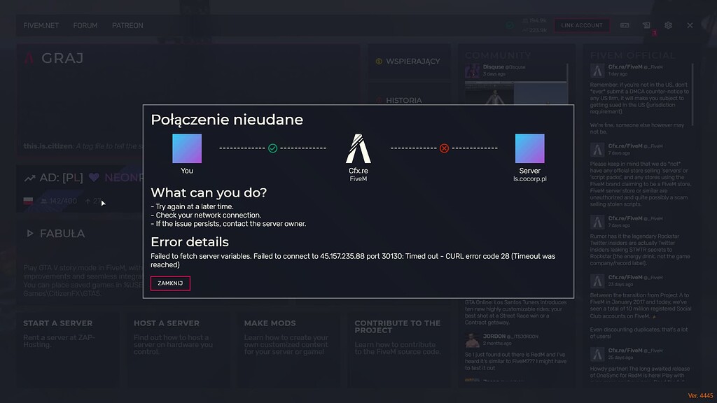 Failed to fetch server variables. Timed out - Curl error code 28 - FiveM Client Support - Cfx.re ...
