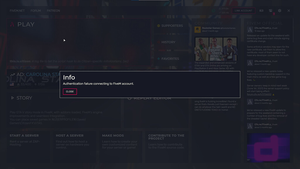 Getting error: Authentication failure connecting to FiveM account ... Getting error: Authentication failure connecting to FiveM account ...