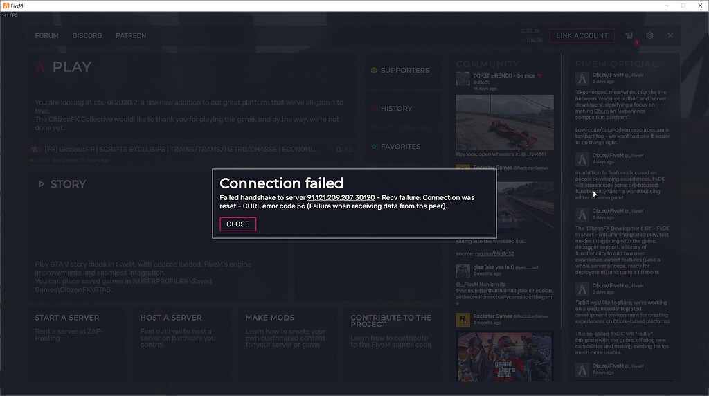 Failed to handshake server CURL error code 56: server problem? - FiveM Client Support - Cfx.re ...
