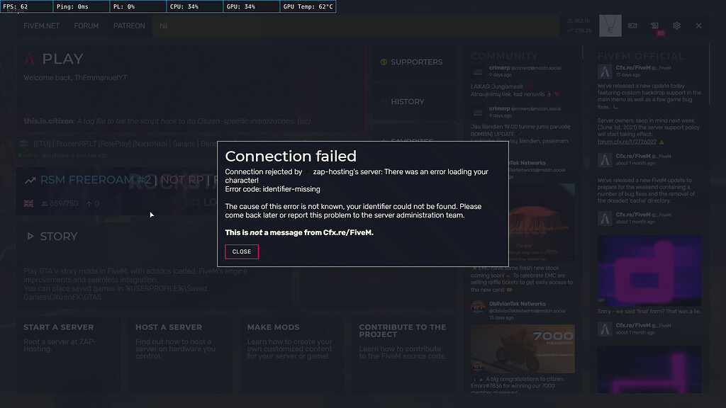There was an error loading your charachter Error Code: Identifier-Missing - FiveM Client Support ...
