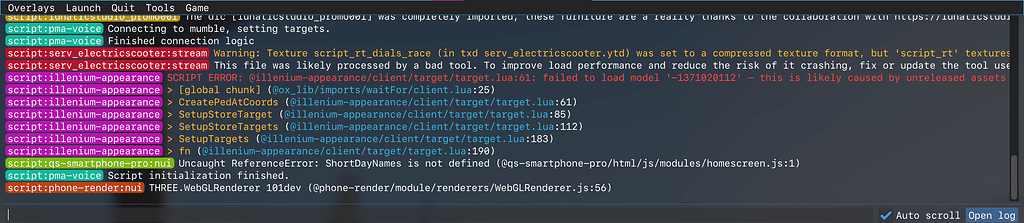 Script error: @illenium-appearance/client/target/target.lua:61: failed ...
