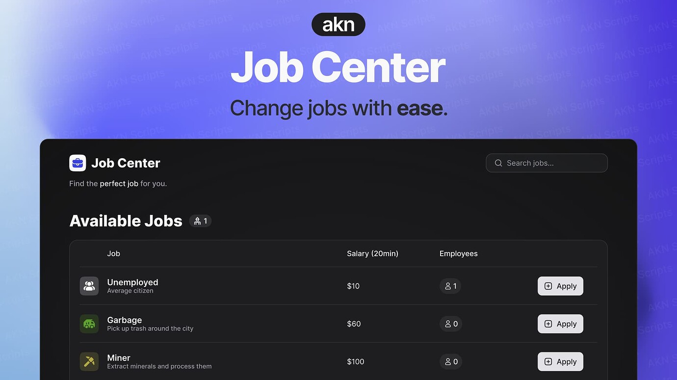 AKN Job Center - Change jobs with ease. [QB, QBX, ESX] - FiveM Releases ...