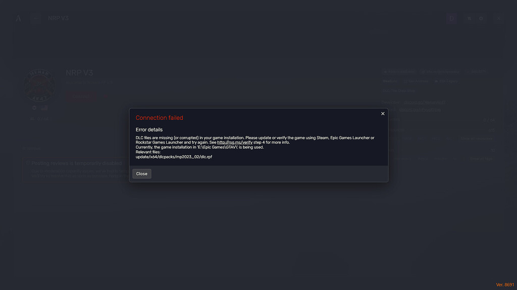I keep getting this error message while logging into this one server NRP V3 - FiveM Client ...