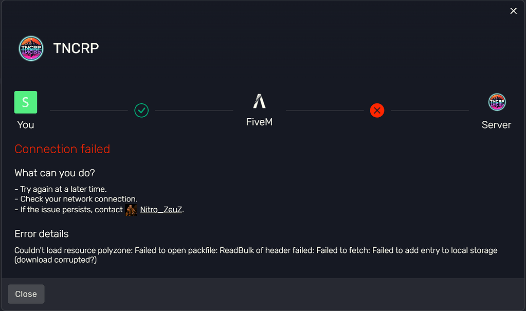 Couldn't load resource polyzone: Failed to open packfile: ReadBulk of header failed: Failed to ...