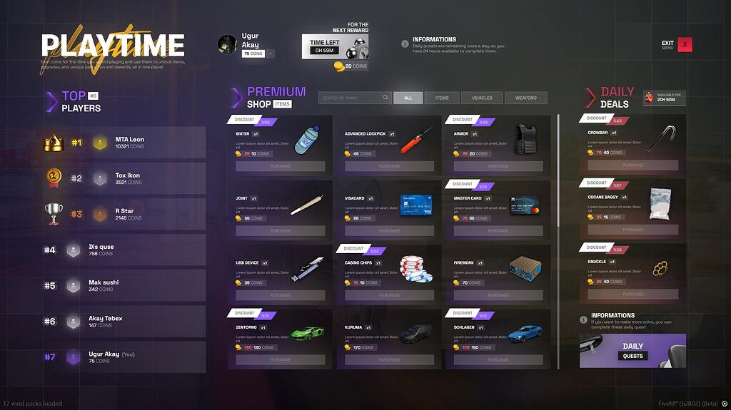 [QB/ESX] Playtime Shop V2 (Play And Earn) ~ Mission System - FiveM ...