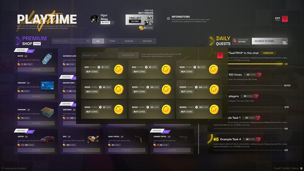 [QB/ESX] Playtime Shop V2 (Play And Earn) ~ Mission System - FiveM ...