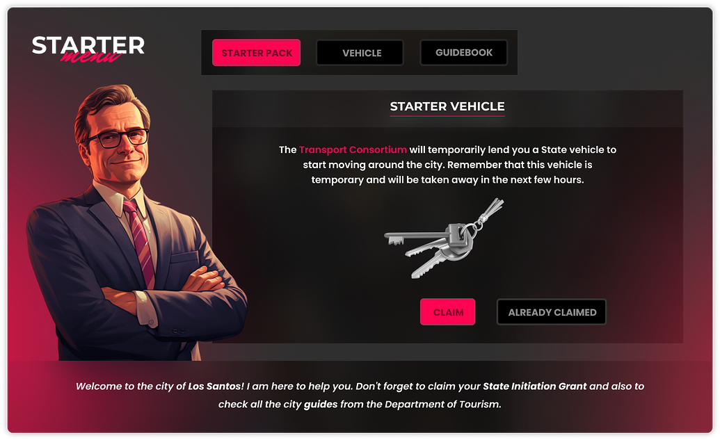 [ESX/QB] Starter UI - in-game GuideBook + Welcome Gift + Vehicle - Releases - Cfx.re Community