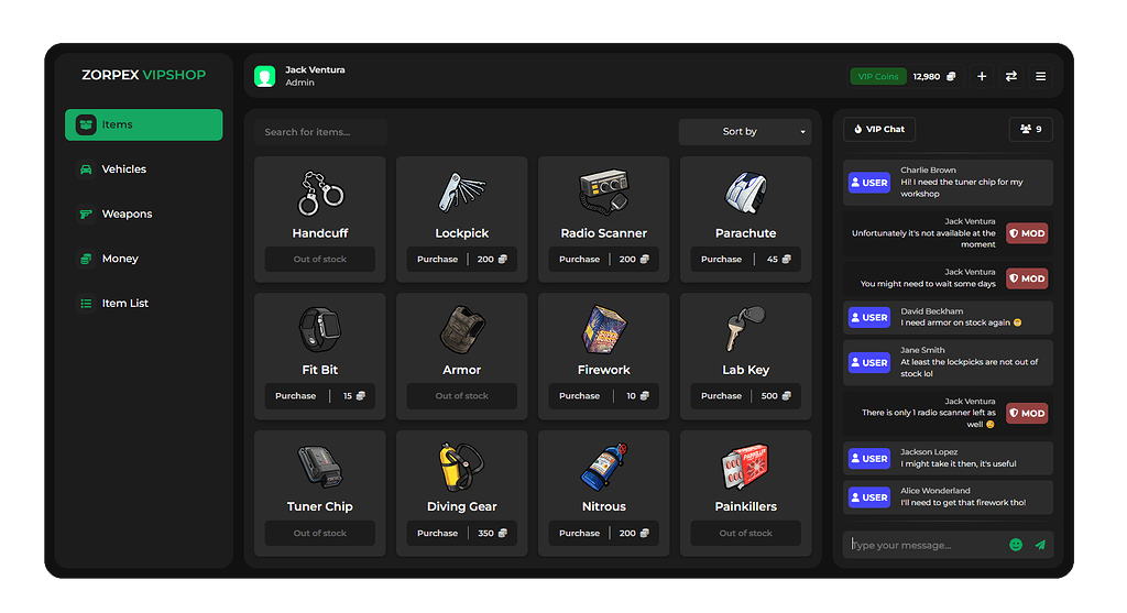 Zorpex Vip Shop [QBCore & ESX] Live chat, tebex support, admin panel ...