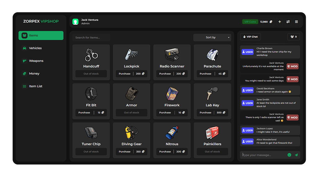 Zorpex Vip Shop [QBCore & ESX] Live chat, tebex support, admin panel and much more - FiveM ...