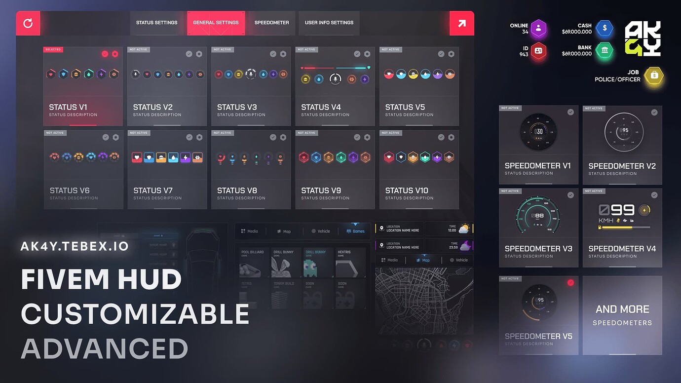 Advanced HUD | 10 Status & 9 Speedometer & 2 Watermark - FiveM Releases ...
