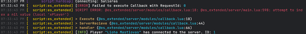 SCRIPT ERROR: @es_extended/server/modules/callback.lua:18: @es_extended ... SCRIPT ERROR: @es_extended/server/modules/callback.lua:18: @es_extended ...