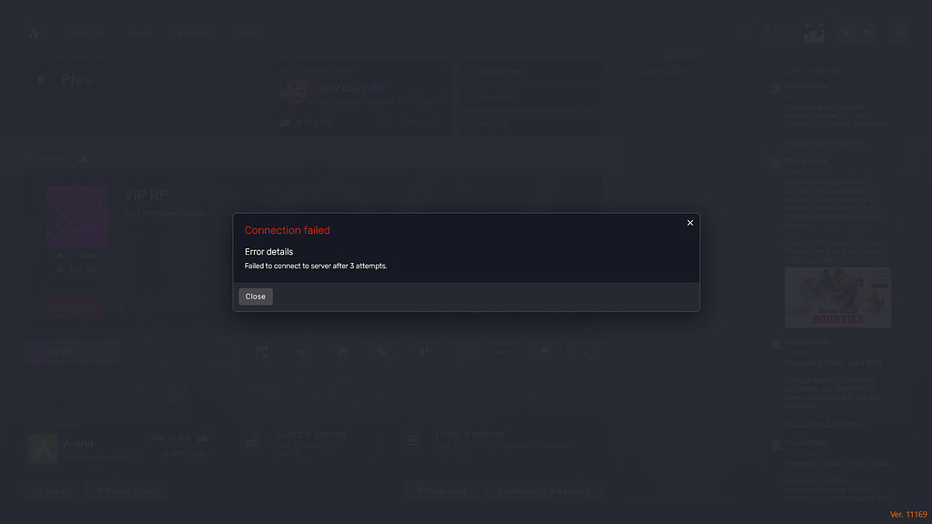 Failed to connect to server after 3 attempts - FiveM Client Support - Cfx.re Community