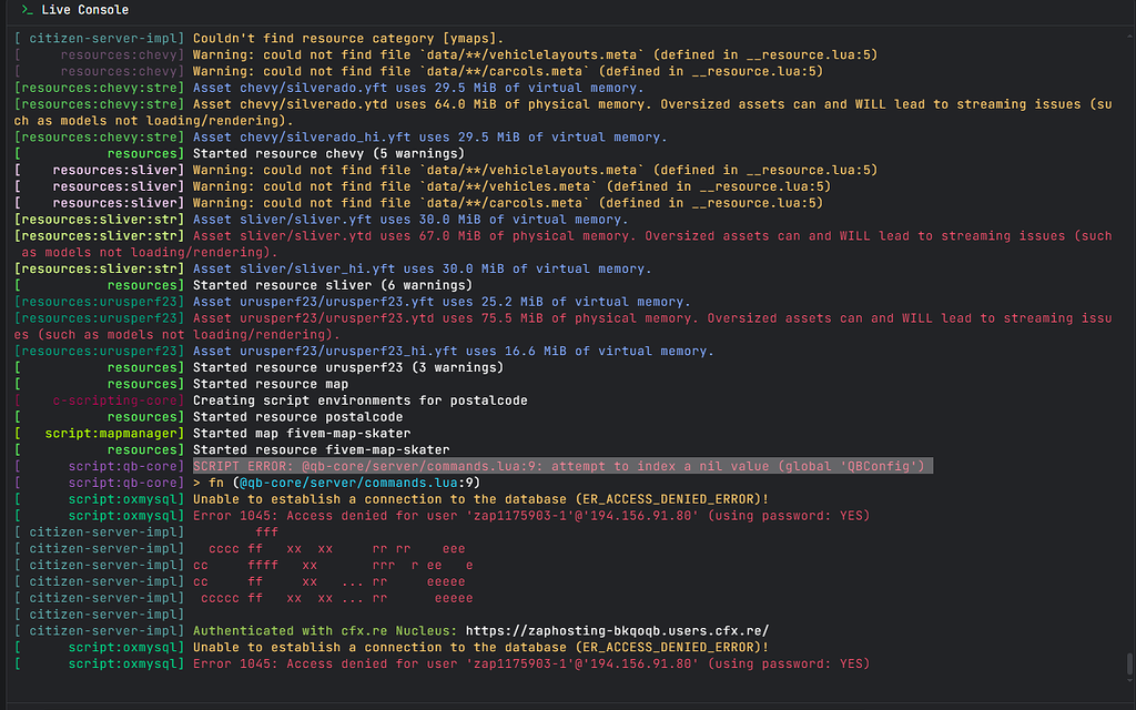 SCRIPT ERROR: @qb-core/server/commands.lua:9: attempt to index a nil ... SCRIPT ERROR: @qb-core/server/commands.lua:9: attempt to index a nil ...
