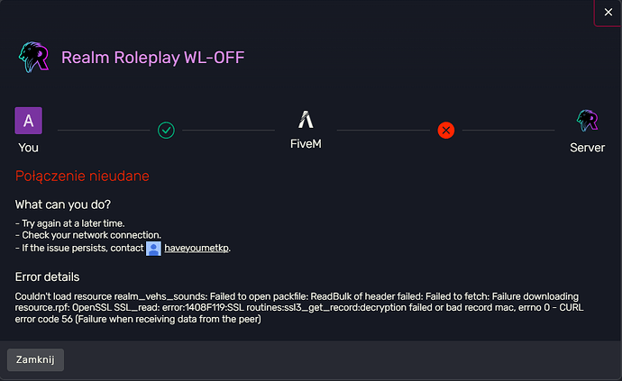 Couldn't load resource realm_vehs_sounds: Failed to open packfile: ReadBulk of header failed ...