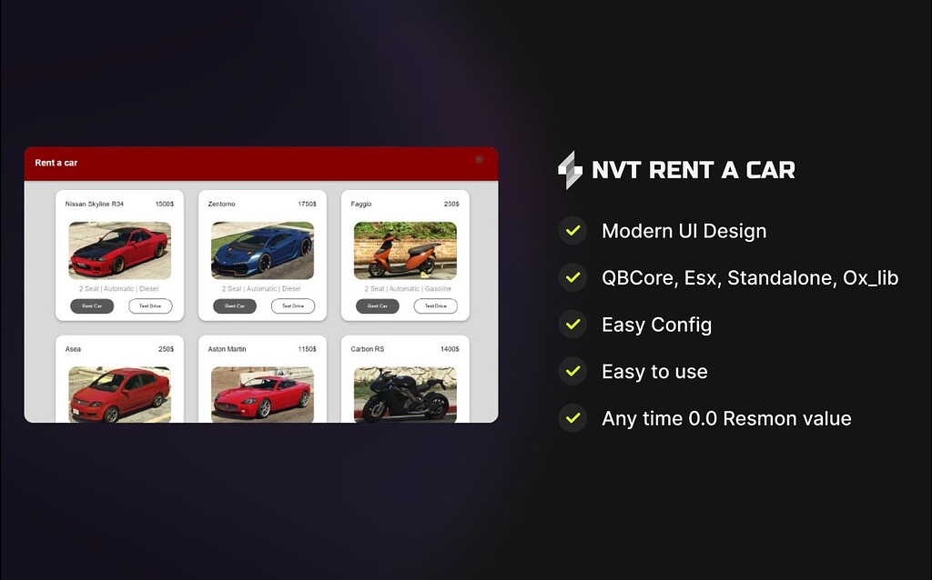 [PAID] [QB/ESX/ST] NVT Rent a car (Modern UI) - FiveM Releases - Cfx.re ...