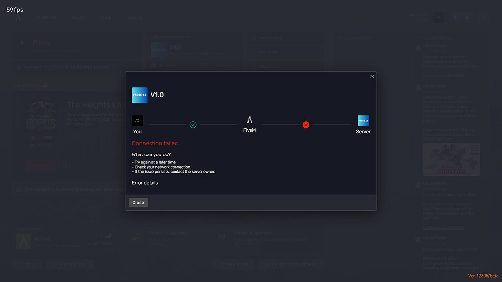 Fivem/Gtav Not able to load in my local host server got crashed while ...