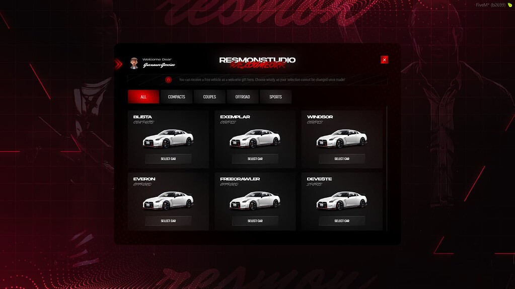 [ESX] RS | Welcome Car v2 | 0.00ms Performance | Player Gift System | Fully Optimized ...