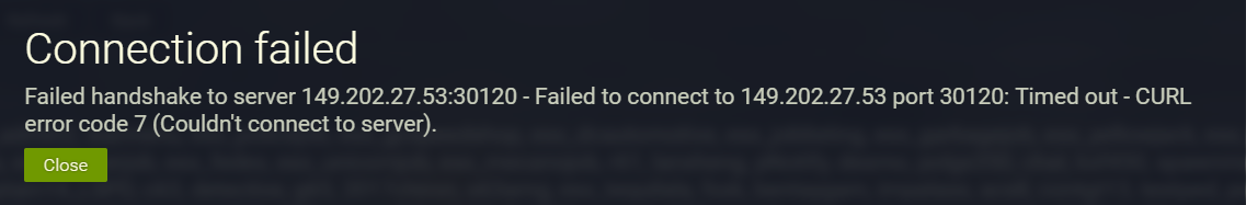 Failed handshake to server 149.202.27.53:30120 - Failed to connect to ...