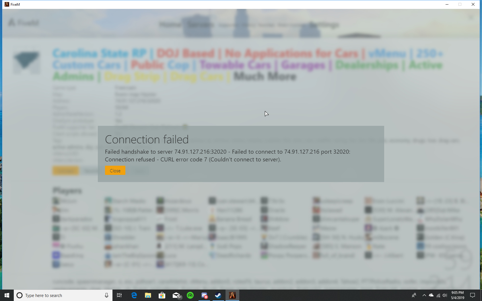 Failed handshake to server 74.91.127.224:32020 - Failed to connect to 74.91.127.224 port 32020 ...
