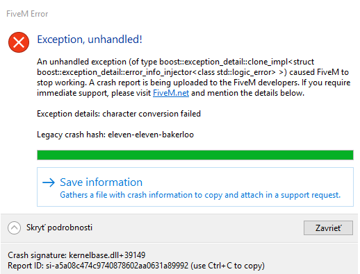 Exception details: character conversion failed Legacy crash hash: eleven-eleven-bakerloo - FiveM ...
