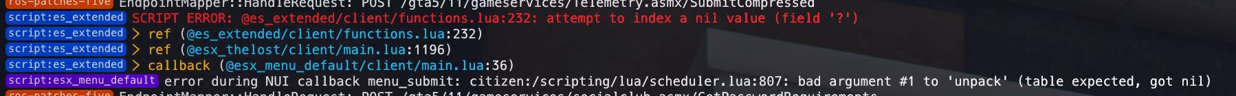 @es_extended/client/functions.lua:232: attempt to index a nil value ... @es_extended/client/functions.lua:232: attempt to index a nil value ...