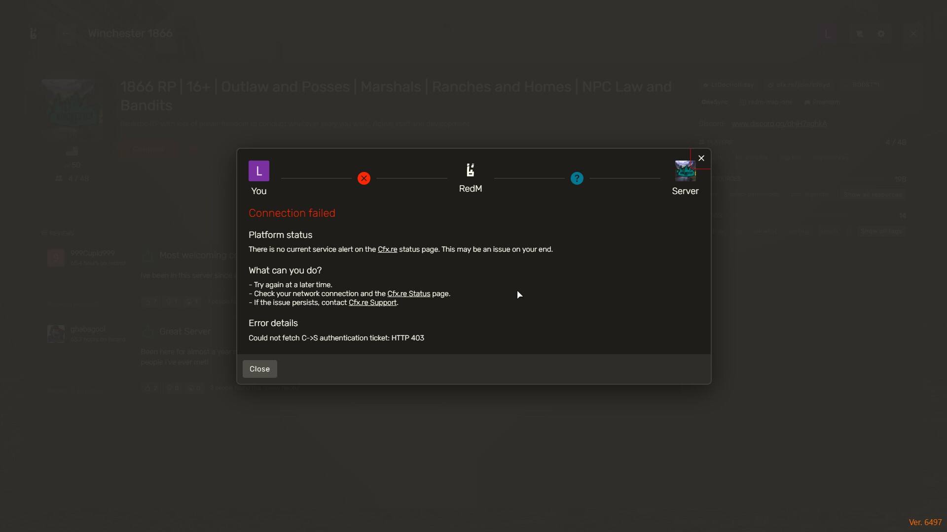 RedM Error "could not fetch c->s authentication ticket: http 403" upon trying to connect to any ...