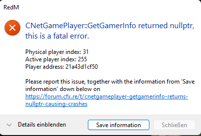 CNetGamePlayer::GetGamerInfo returns nullptr, causing crashes - Page 2 - RedM OneSync Reports ...