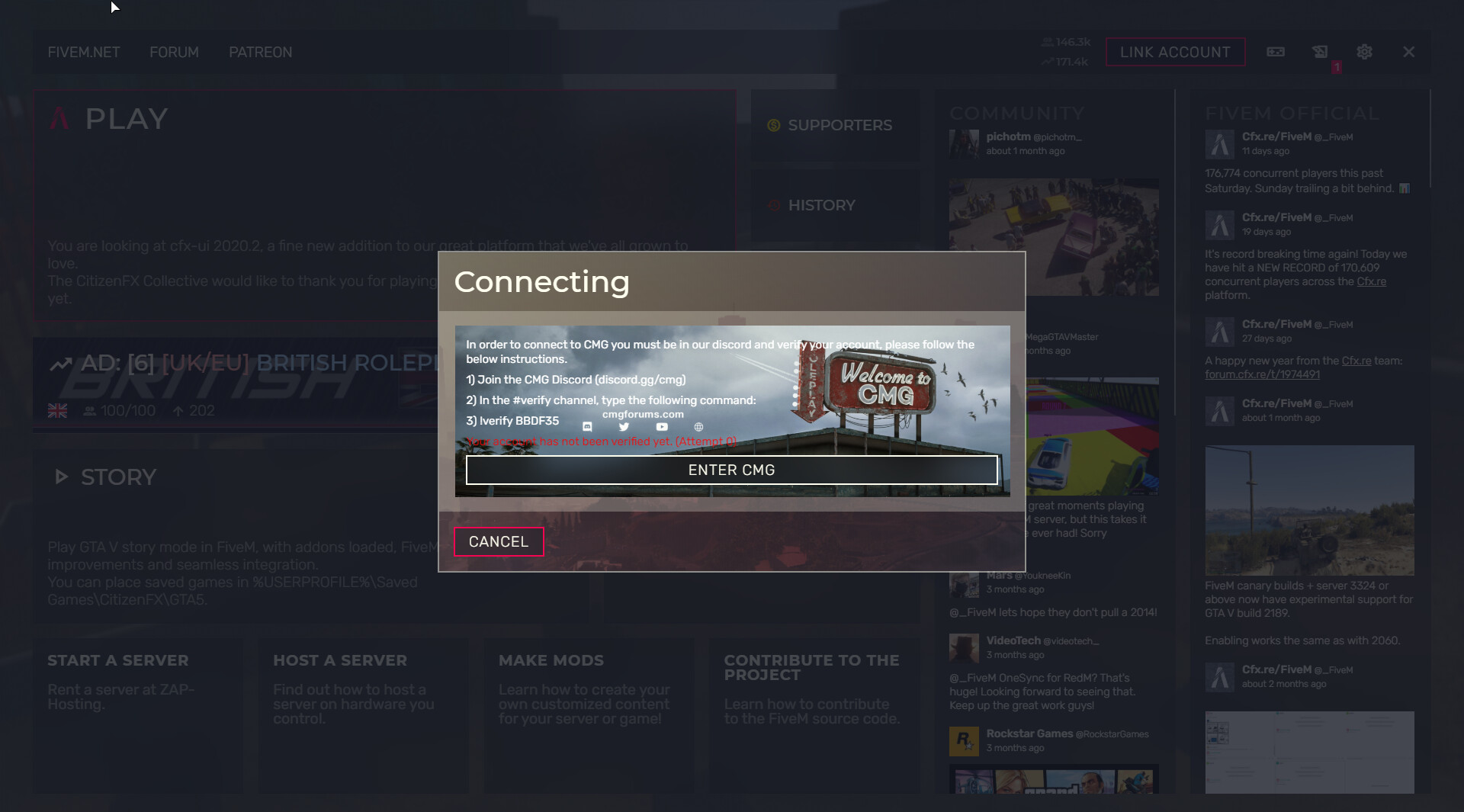 Cant load into CMG server due to it saying i need to verify again ...