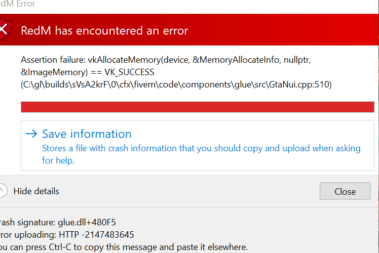 Assertion failure vkAllocateMemory error - RedM Client Support - Cfx.re Community