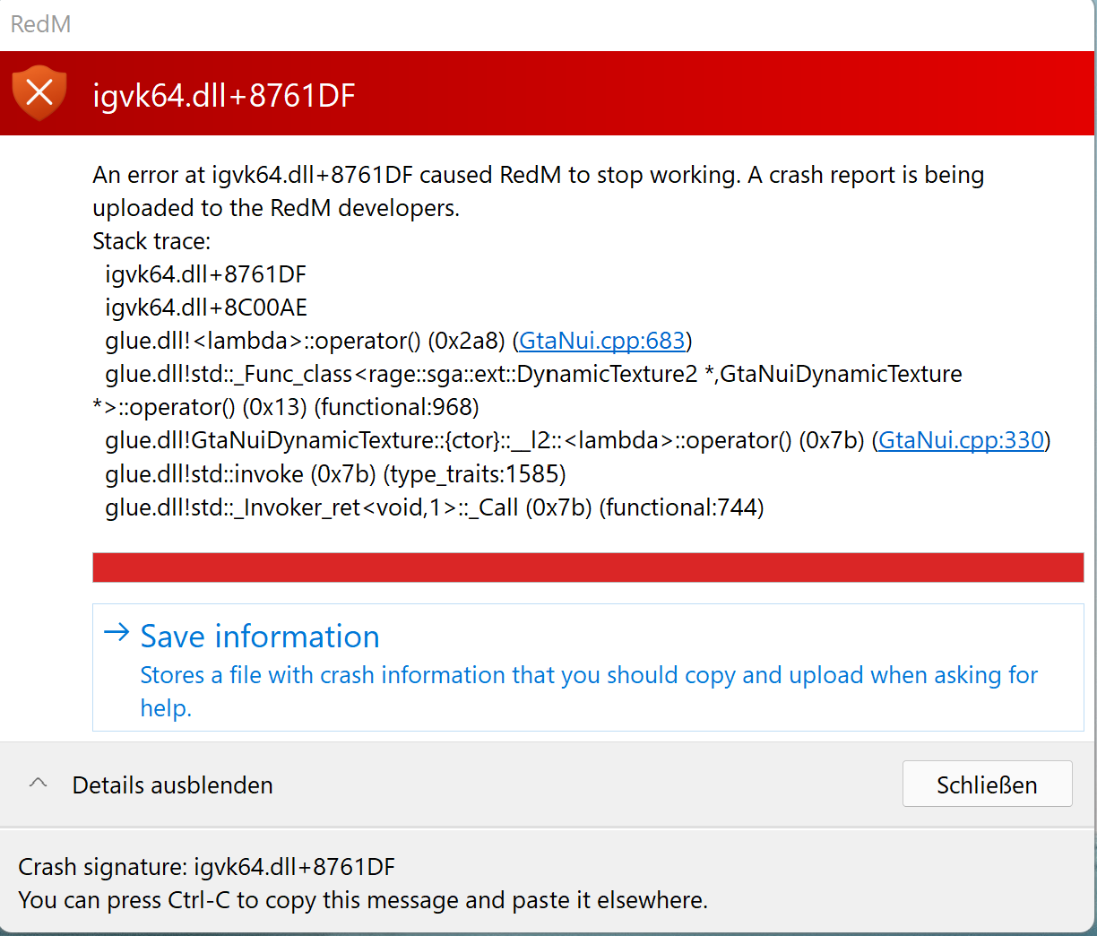 Cant launch redM Crash signature: igvk64.dll+520453 - RedM Client ... Cant launch redM Crash signature: igvk64.dll+520453 - RedM Client ...