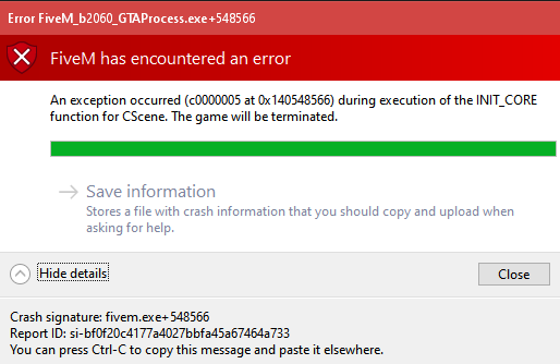 [fivem Client] An Exception Occurred During The Execution Of Init Core Function For Cscene Bug