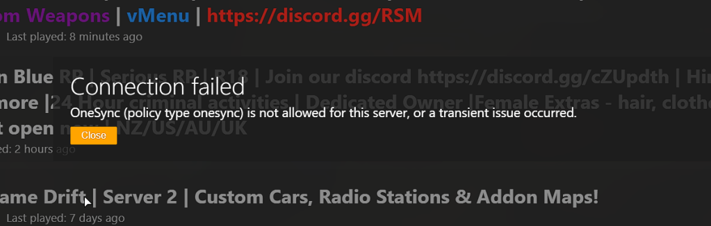 Connection failed: OneSync (policy type onesync) is not allowed for this server, or a transient ...